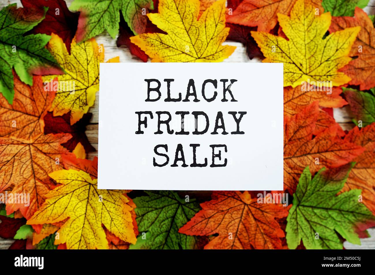Black Friday Sale text message with maple leaves on wooden background ...
