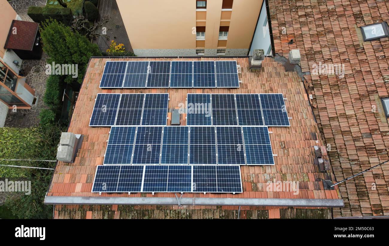 Aerial top down view of solar panels modules mounted on roof. Solar ...