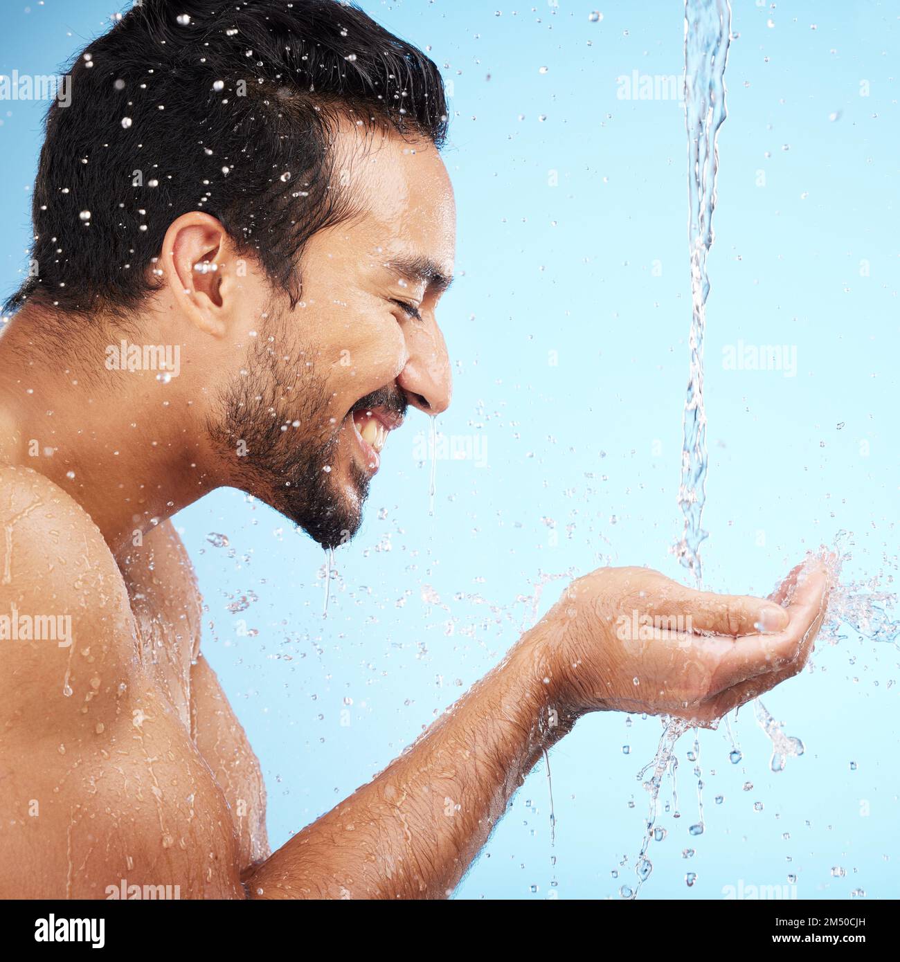 Water, hands or man in shower in studio cleaning body for wellness or ...