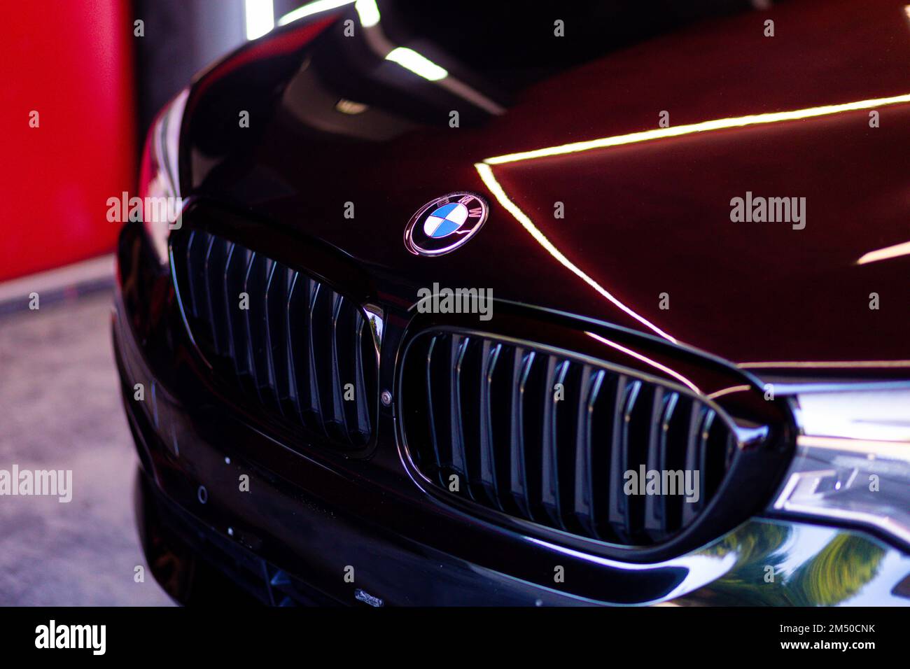 A closeup shot of the logo of a black BMW 5G, with the Adaptive LED ...