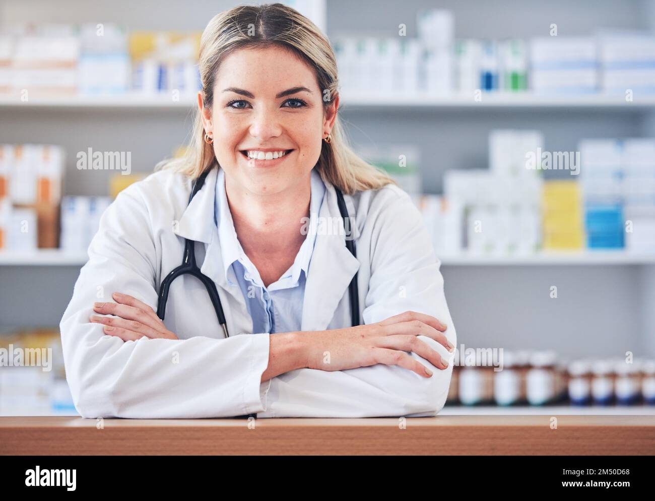 Woman, portrait or happy pharmacist with working or helping with ...