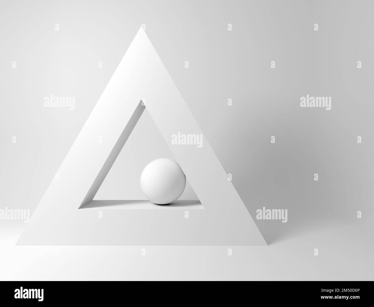 Abstract white geometric installation with a sphere inside a triangular ...