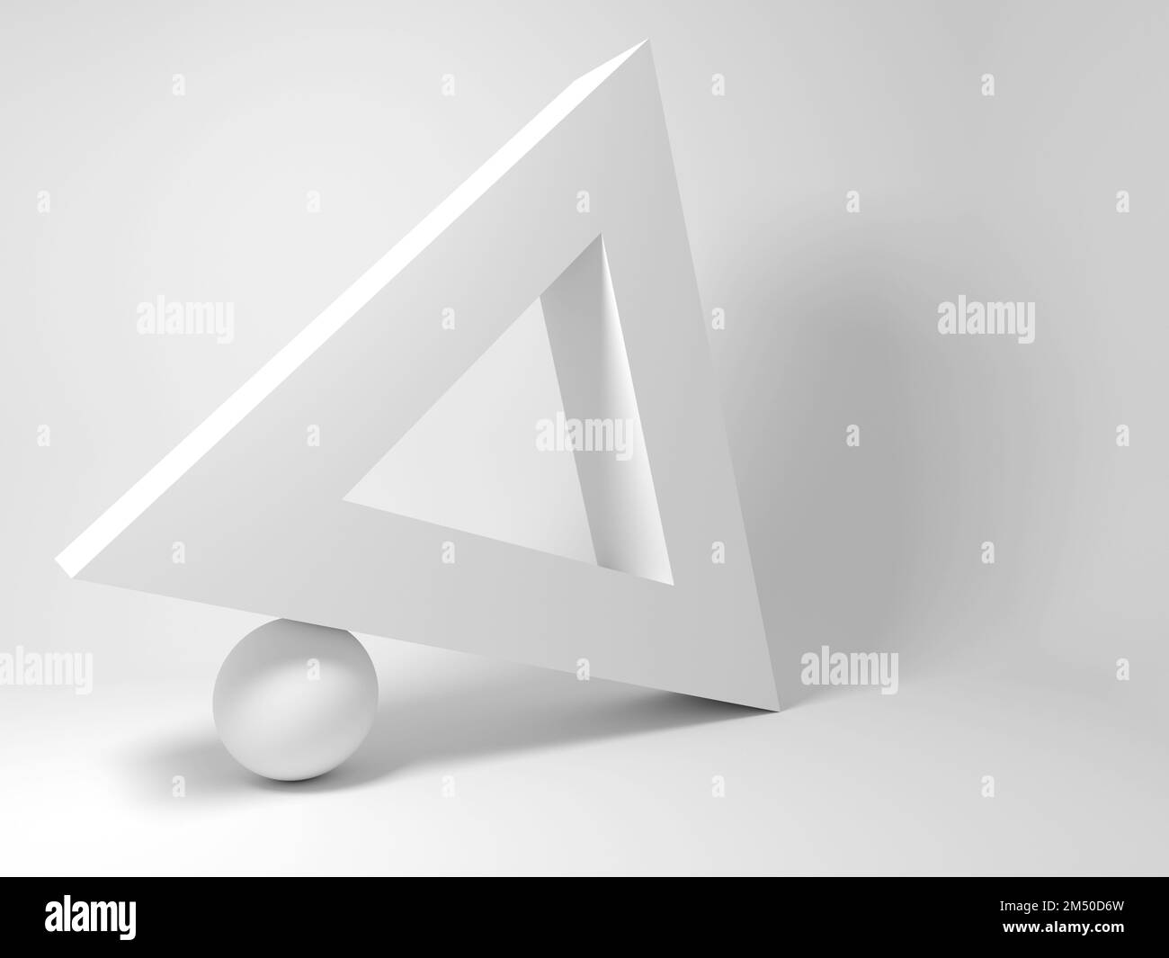 Abstract white geometric installation with a sphere and triangular ...
