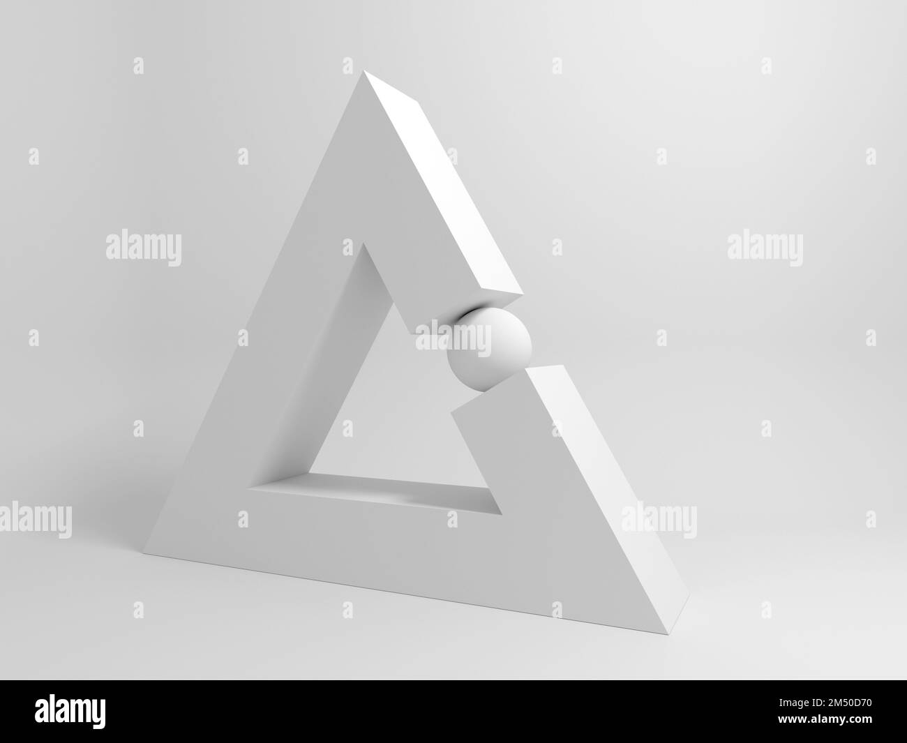 Abstract white geometric installation with a sphere replacing missed part of framed triangle, 3d ...