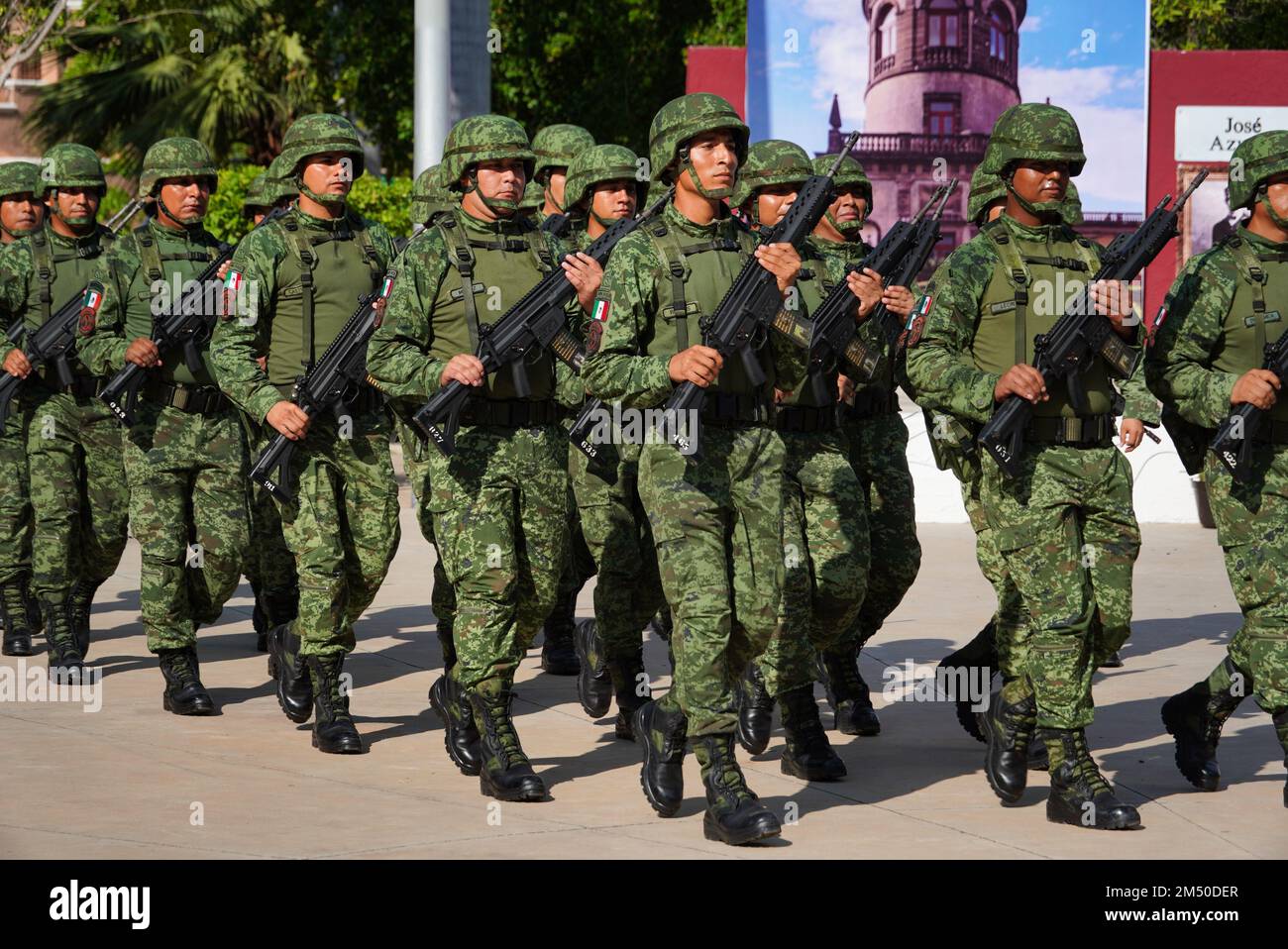 The Mexican soldiers marching during a civic ceremony on the Flag day ...