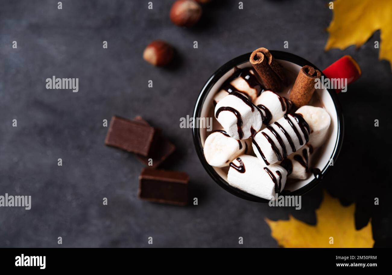 Hot chocolate with marshmallow top view with copy space hi-res stock ...