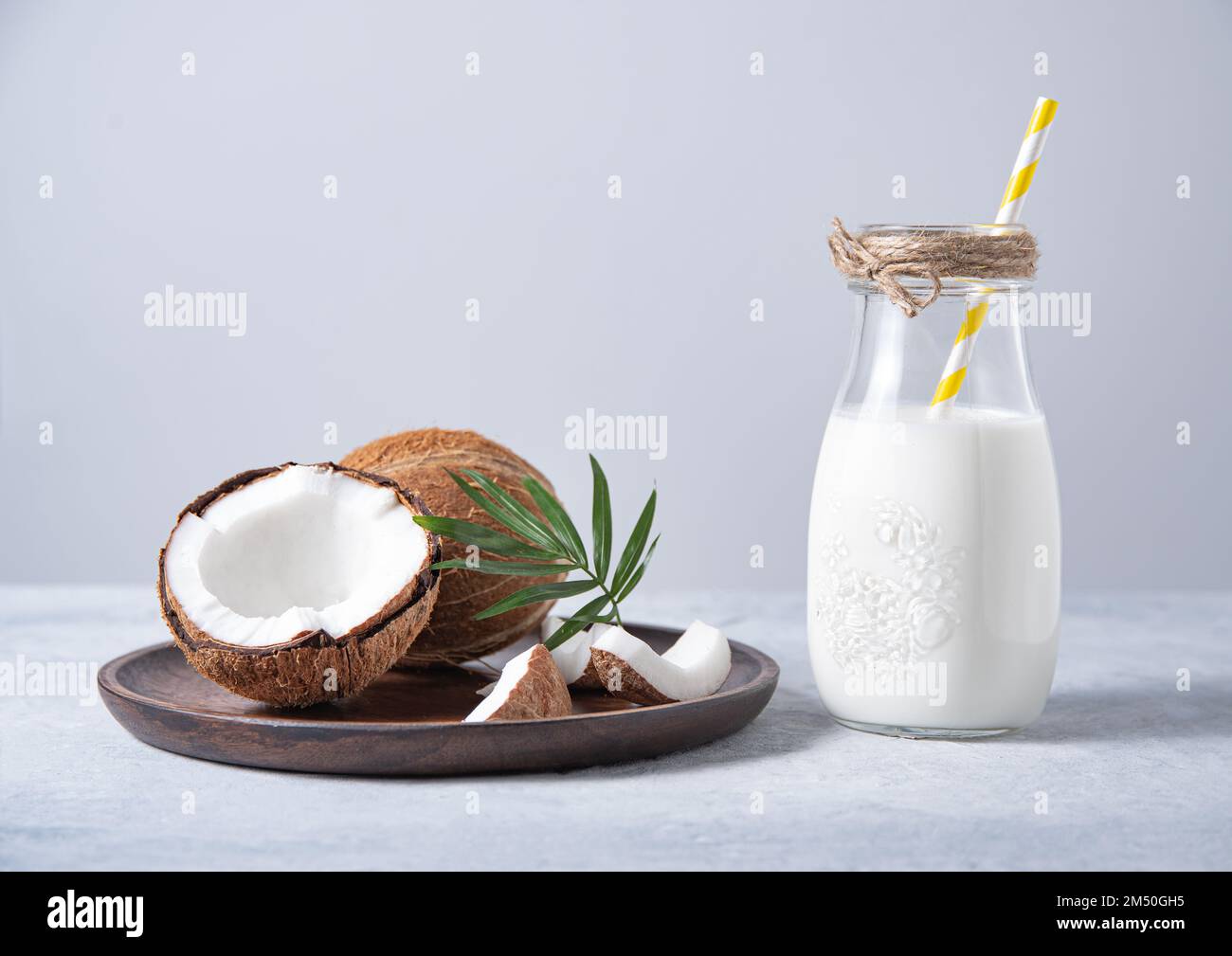 Healthy vegan milk bottle with half coconuts and palm branch in wooden ...