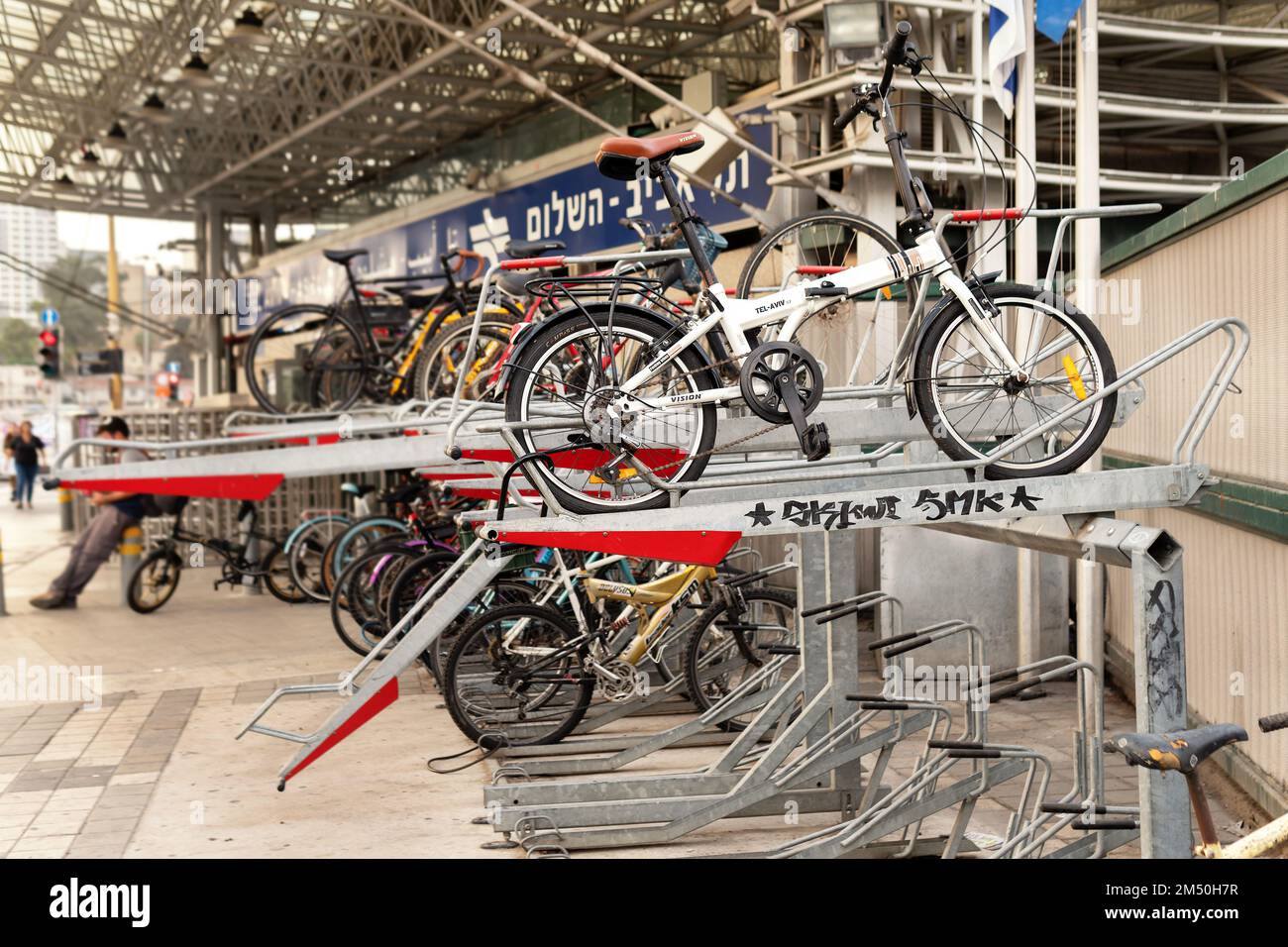 Tel Aviv Yafo, Israel - October 26,2022. Bicycles stand on a double ...