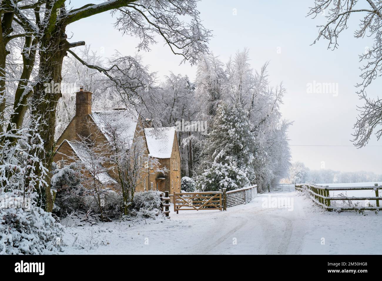 Cotswold house and trees in the cotswold countryside in the snow ...