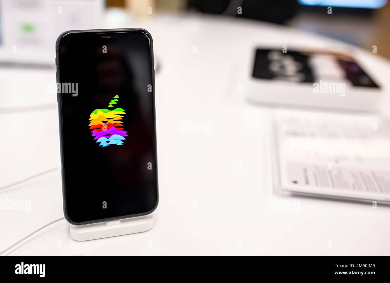 Apple smartphone iPhone with Apple Logo on screen is sold at Apple ...
