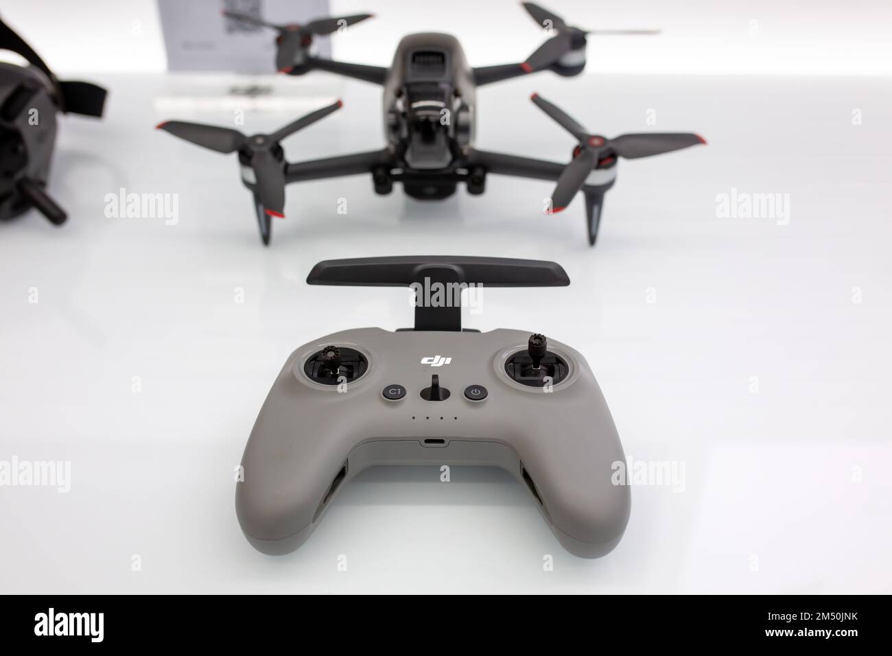 Drone remote control on display in DJI store. DJI is a Chinese ...