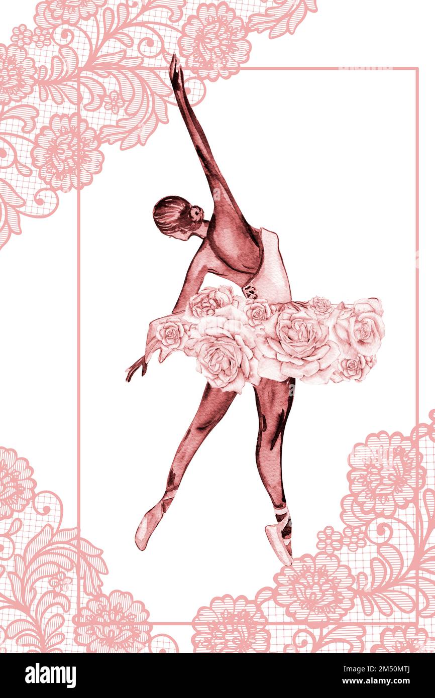 Hand drawn watercolor card template dancing ballerina with flower and ...