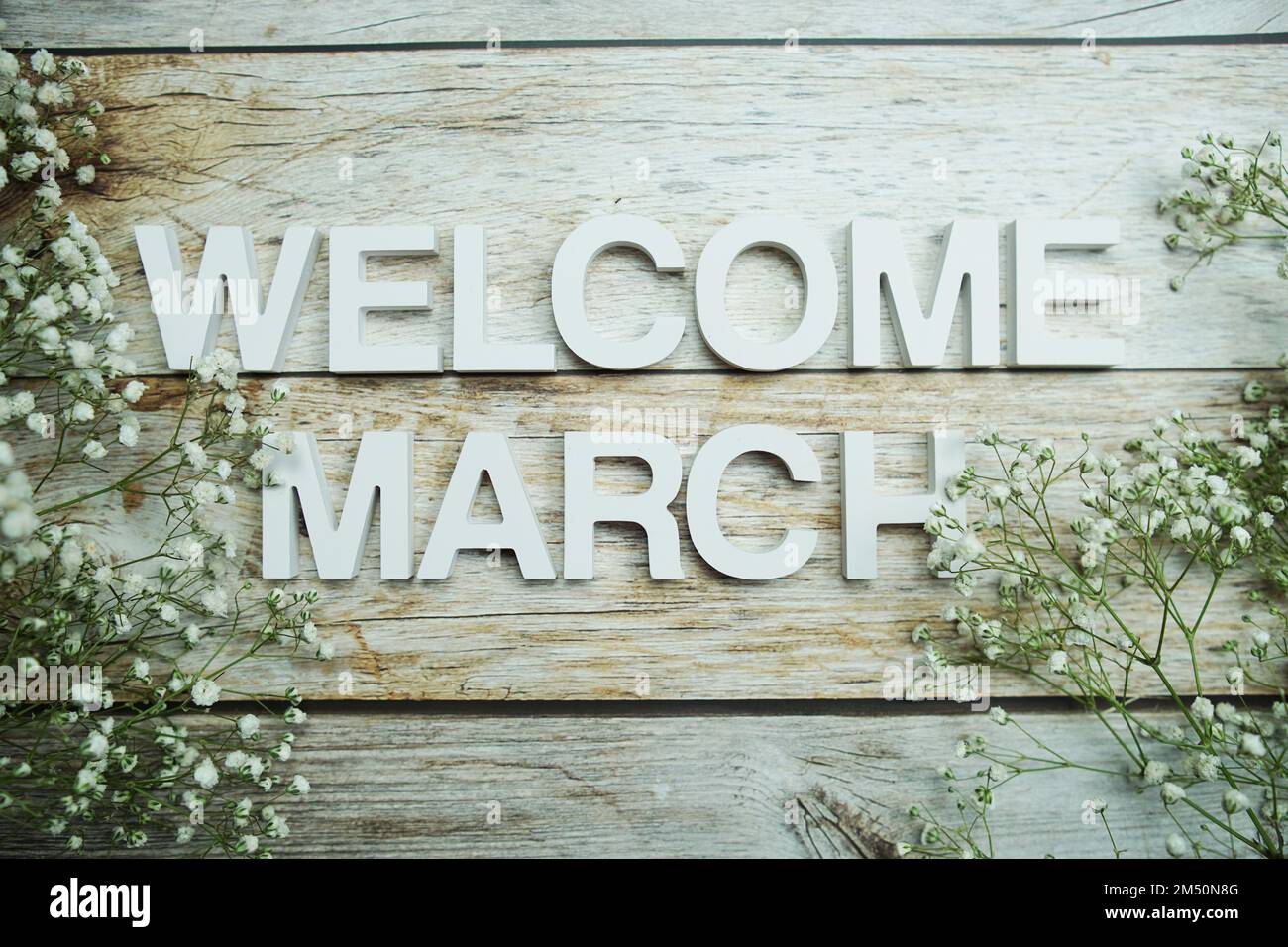 Welcome March alphabet letters with flowers on wooden background Stock ...
