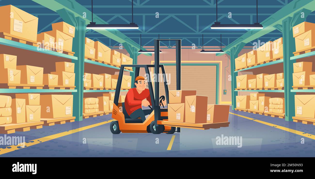 Warehouse with worker, forklift and cardboard boxes on metal racks ...