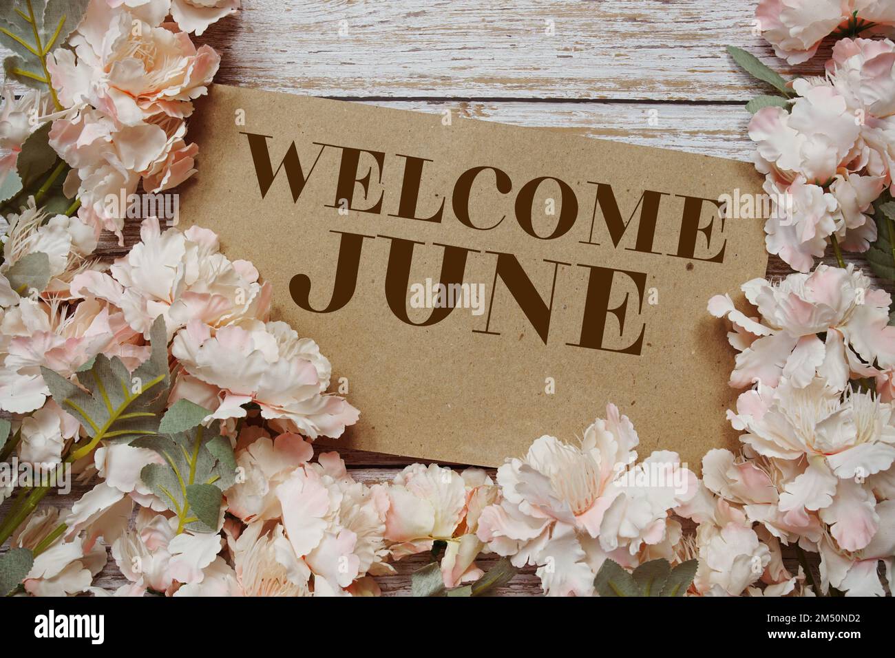 Welcome June typography text with flowers frame on wooden background ...