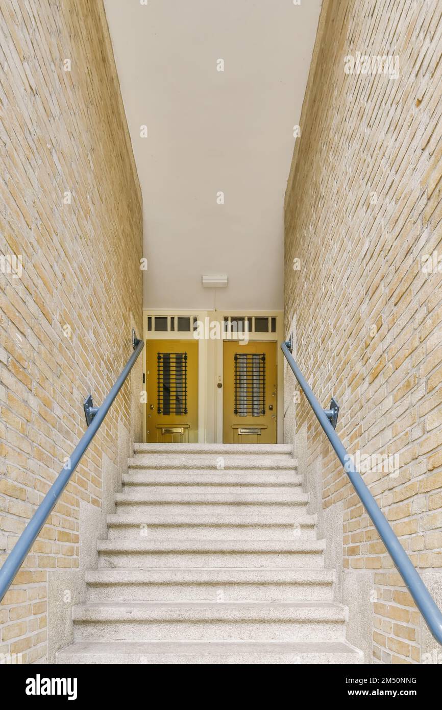 some stairs leading up to a building with shutters on each side and ...