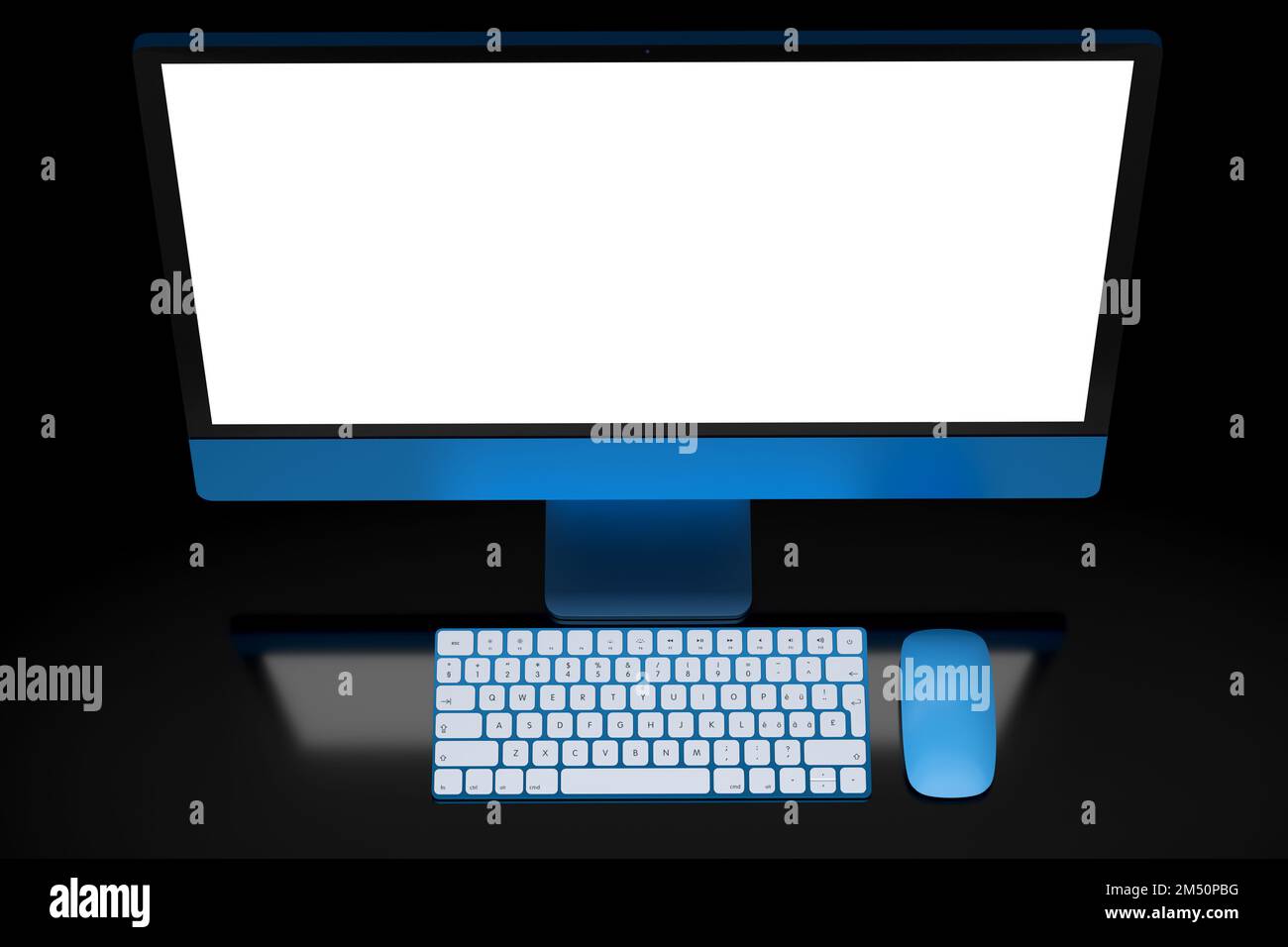 Realistic blue computer screen display with keyboard and mouse isolated ...
