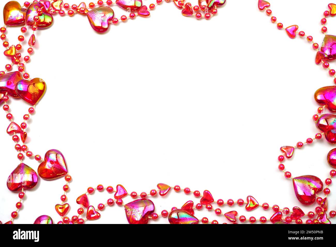 Red heart bead border frame with space copy on white background Stock ...