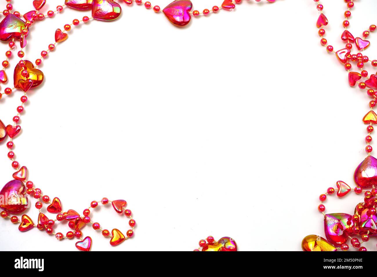 Red heart bead border frame with space copy on white background Stock ...