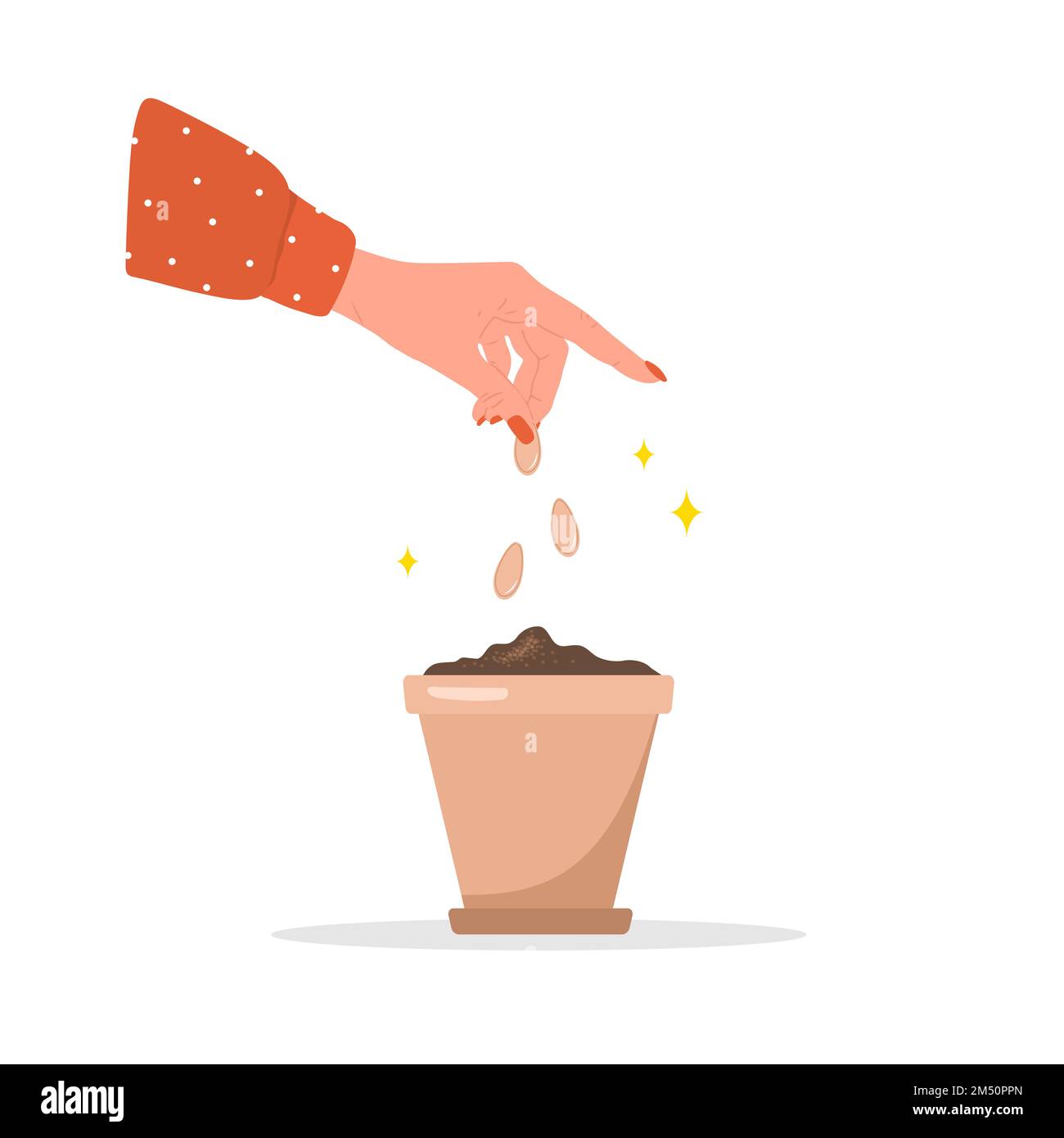 Female gardener hands plants spring seedlings in pot. Vector ...