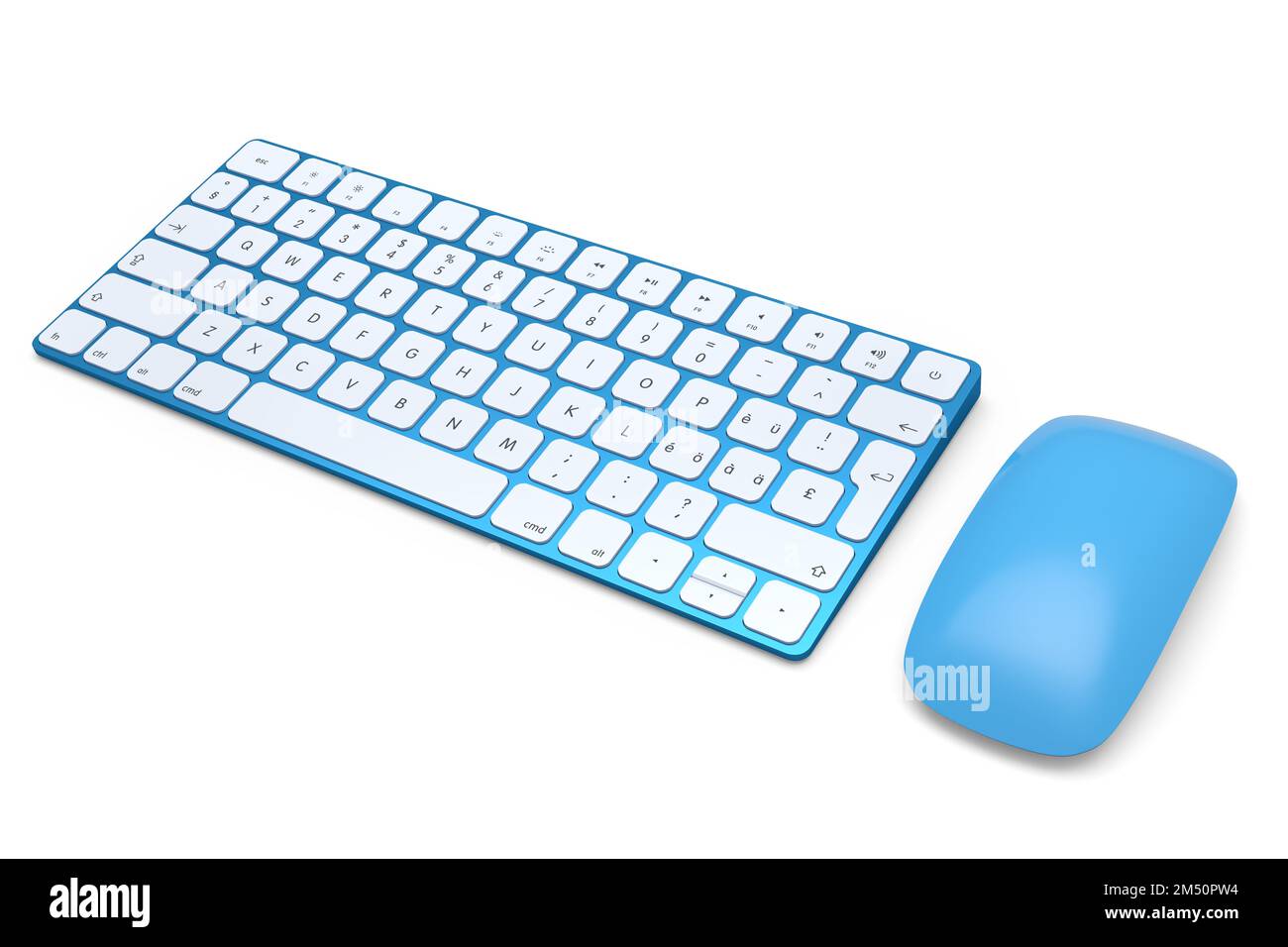 Modern blue aluminum computer keyboard and mouse isolated on white ...