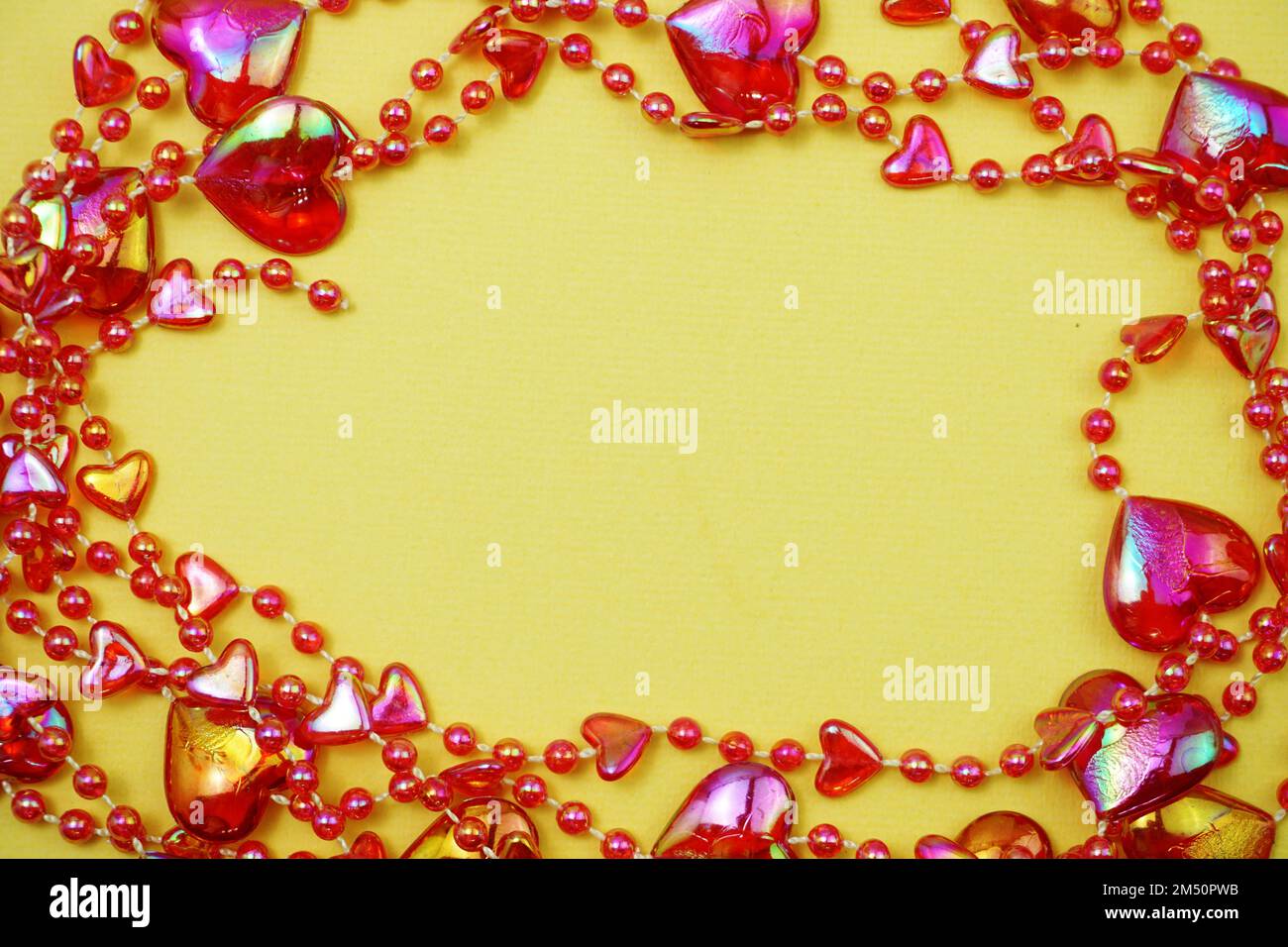 Red heart bead border frame with space copy on Yellow background Stock ...