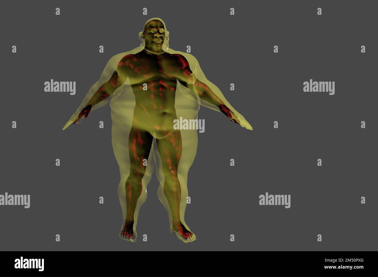3D render. Athletic man inside an obese body on a gray background Stock ...
