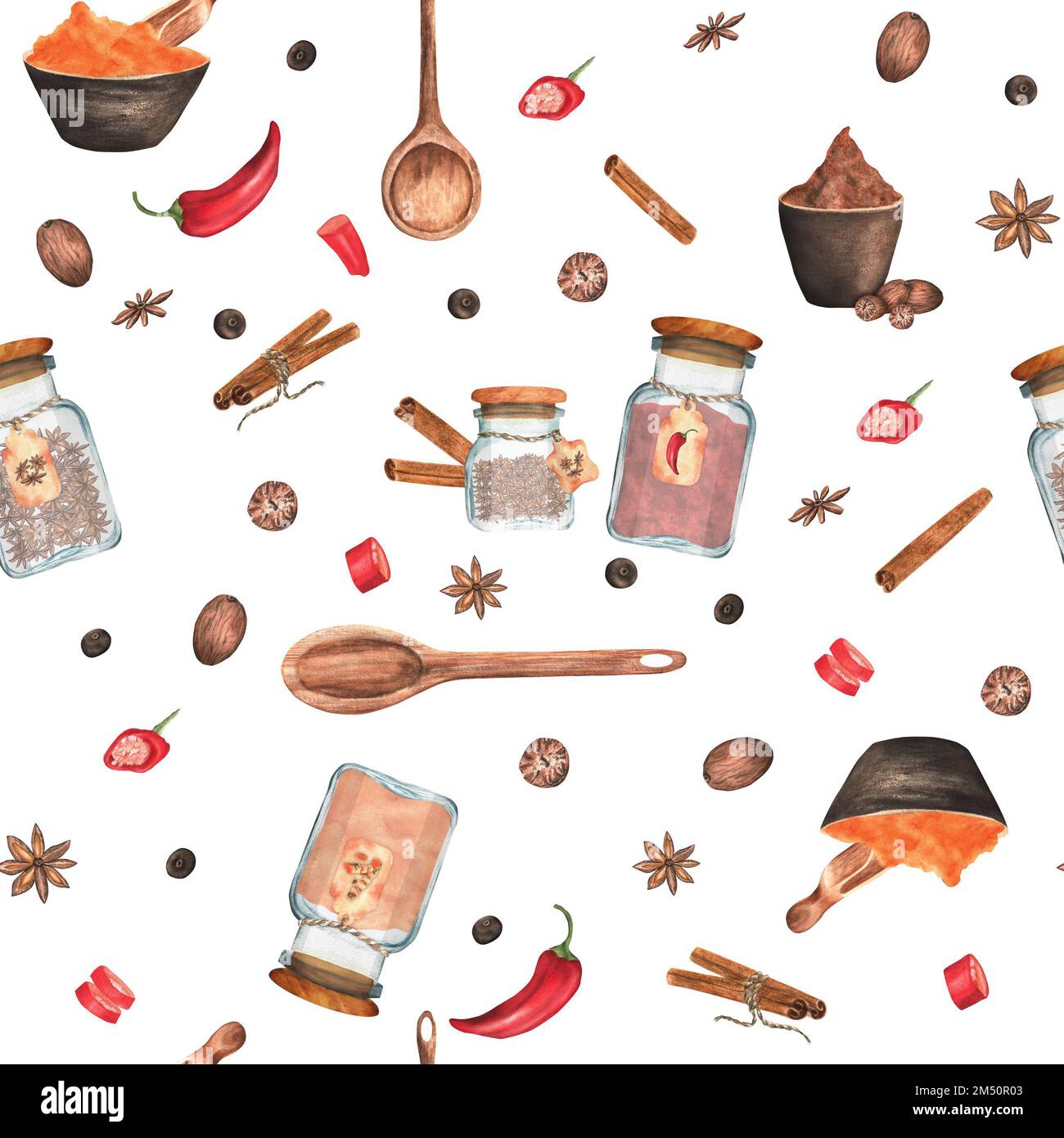 Hand-drawn watercolor seamless pattern with condiments and kitchen ...