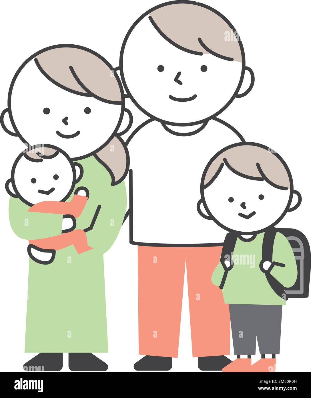 A family of four standing side by side. Father, mother, baby and ...