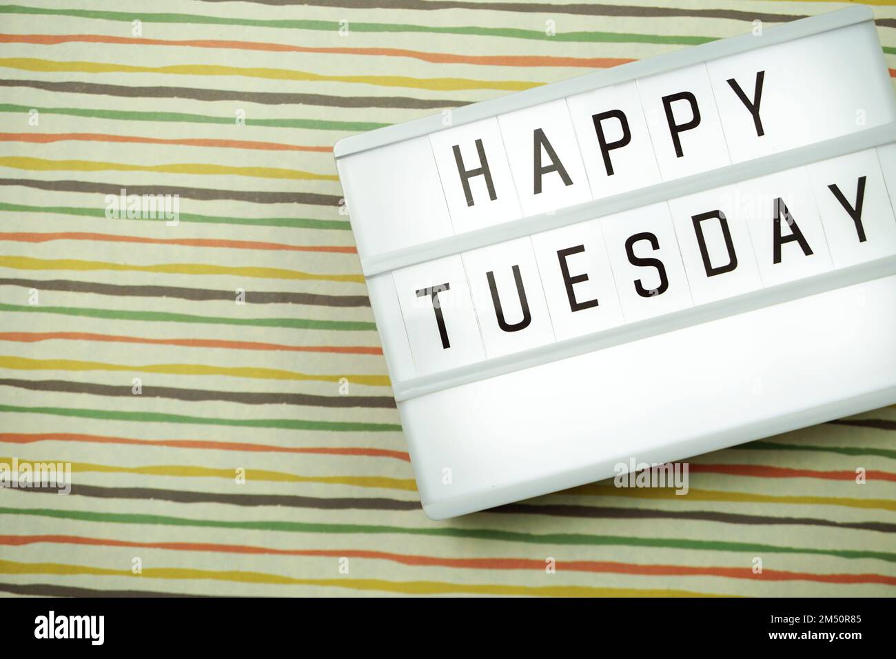 Top view Happy Tuesday Text in Light box flat lay with tulip flower ...