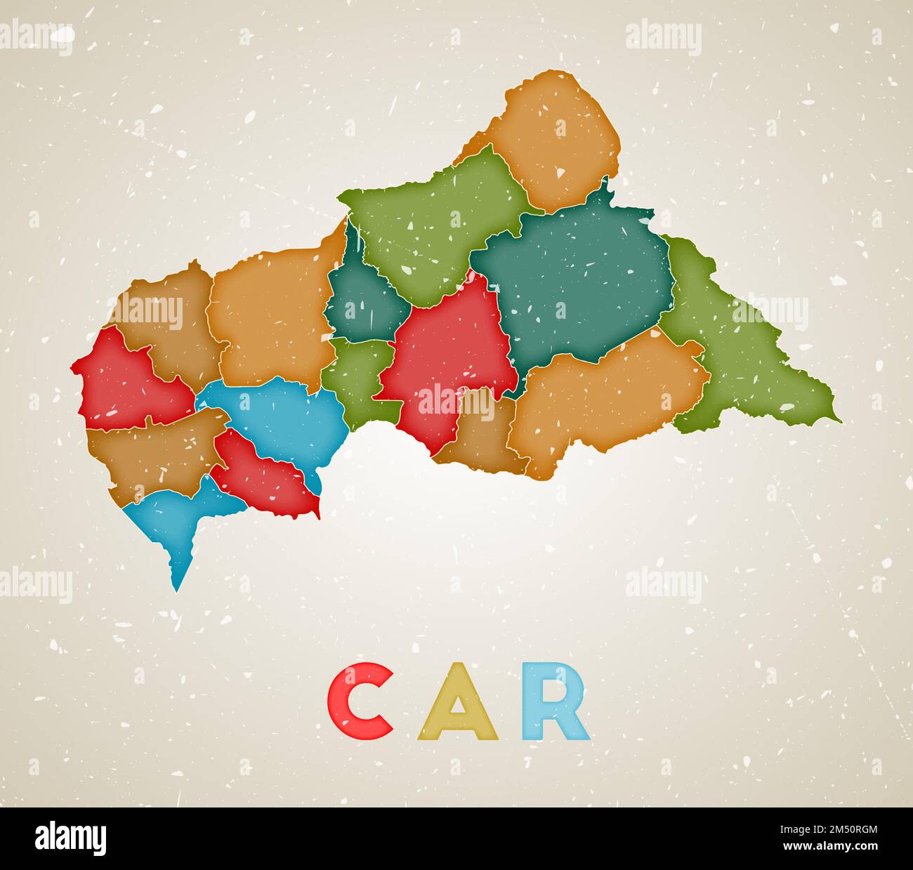 CAR map. Country poster with colored regions. Old grunge texture ...