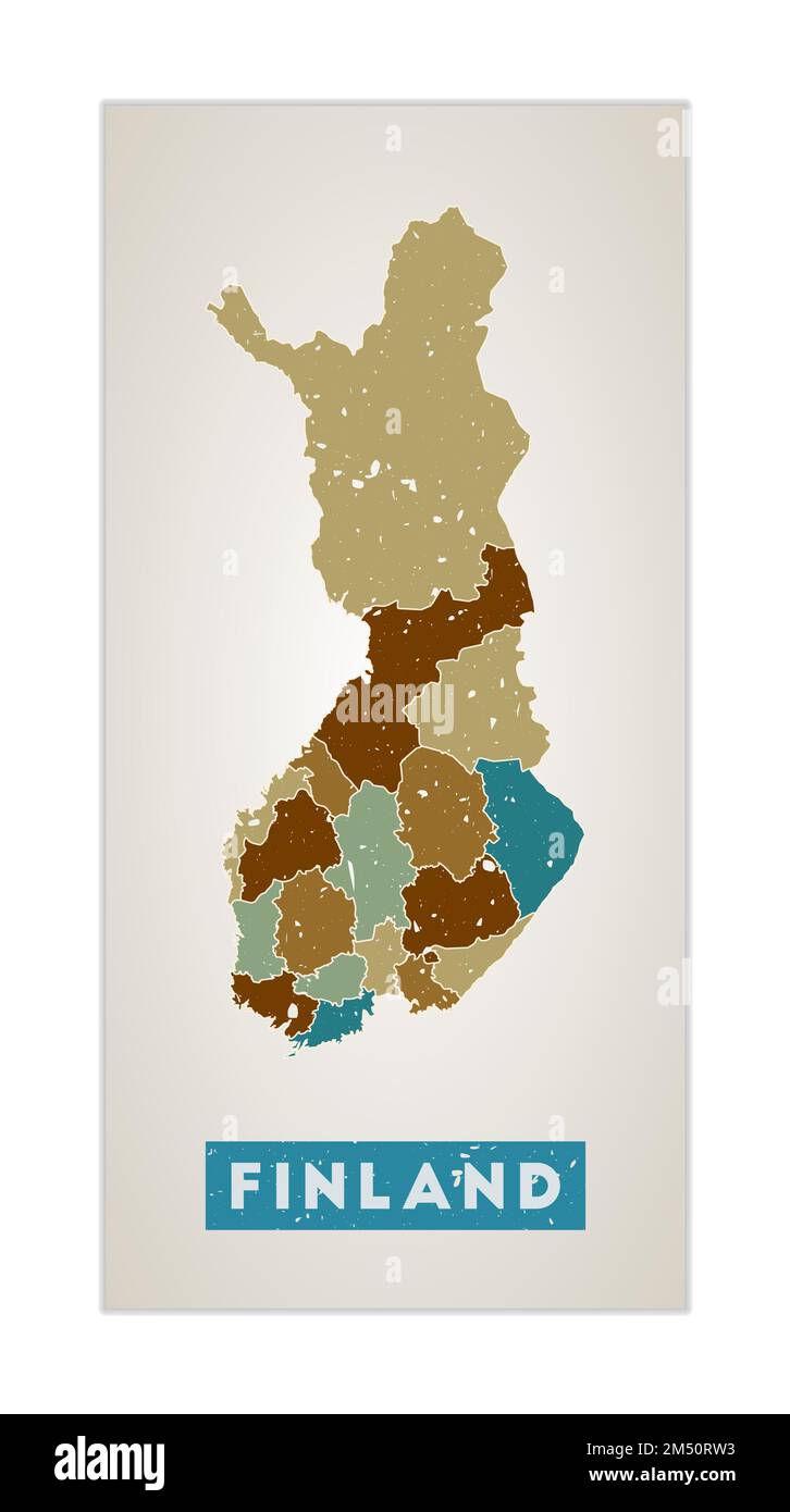 Finland map. Country poster with regions. Old grunge texture. Shape of ...