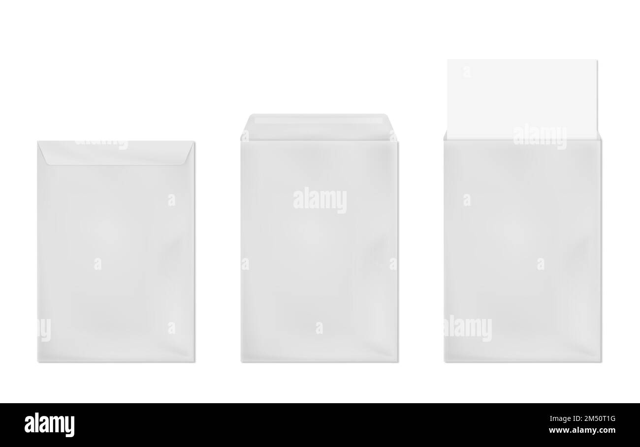 White envelope A4 template. Vector realistic mockup of blank closed and open envelopes, vertical ...