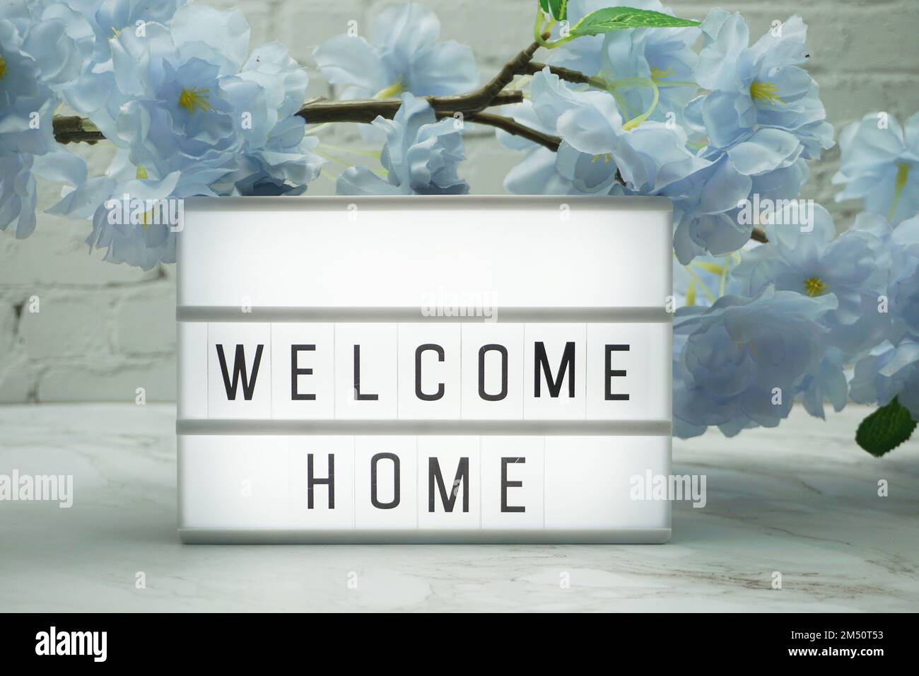 Welcome Home Word in light box with flowers decoration Stock Photo - Alamy
