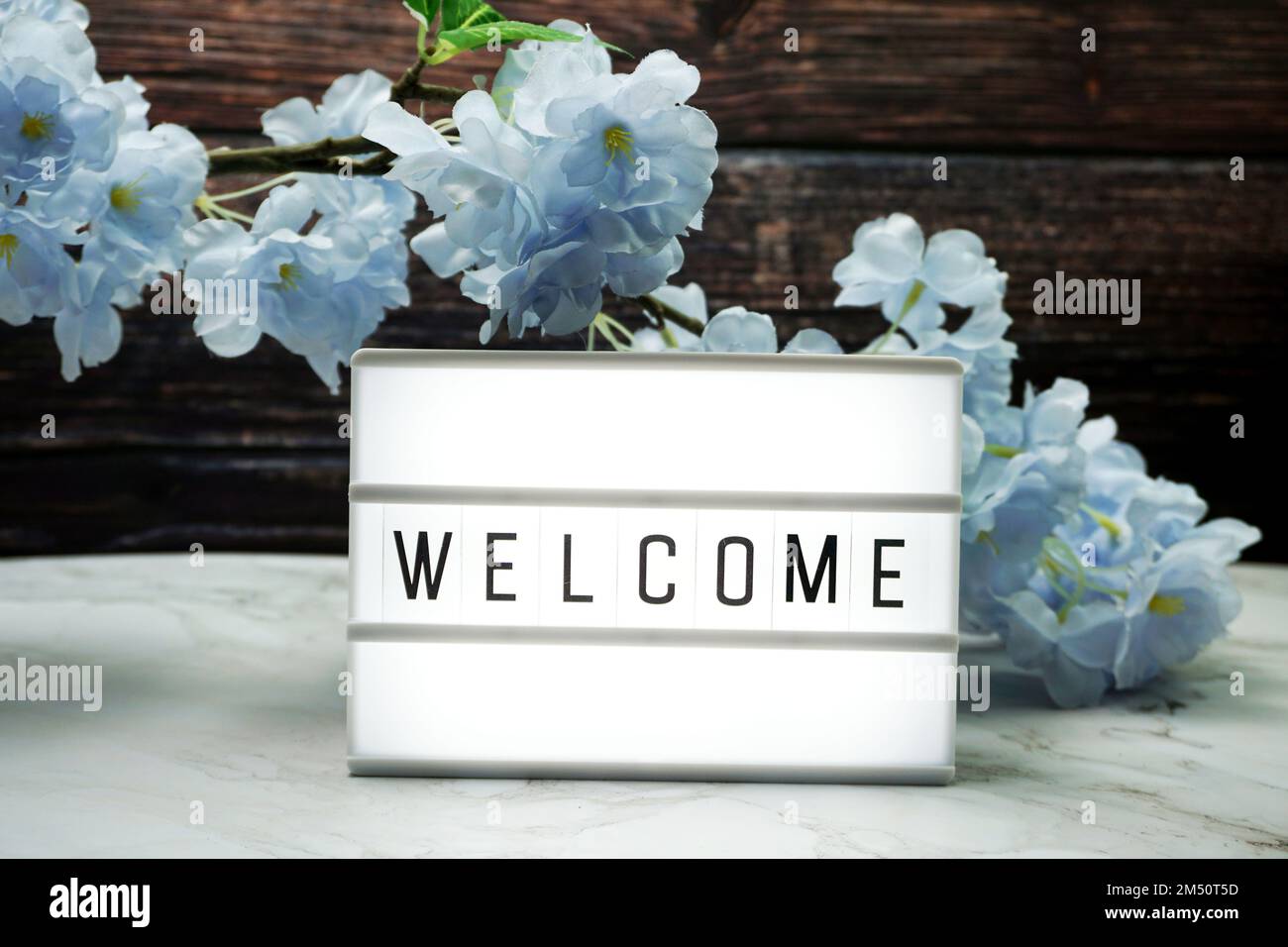 Welcome word in light box with Flowers Decoration Stock Photo - Alamy