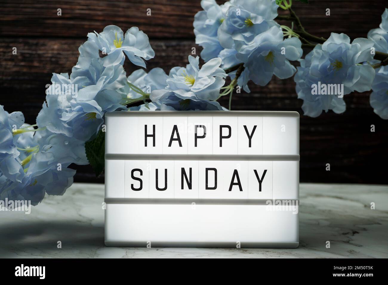 Happy Sunday word in light box with Flowers Decoration Stock Photo - Alamy