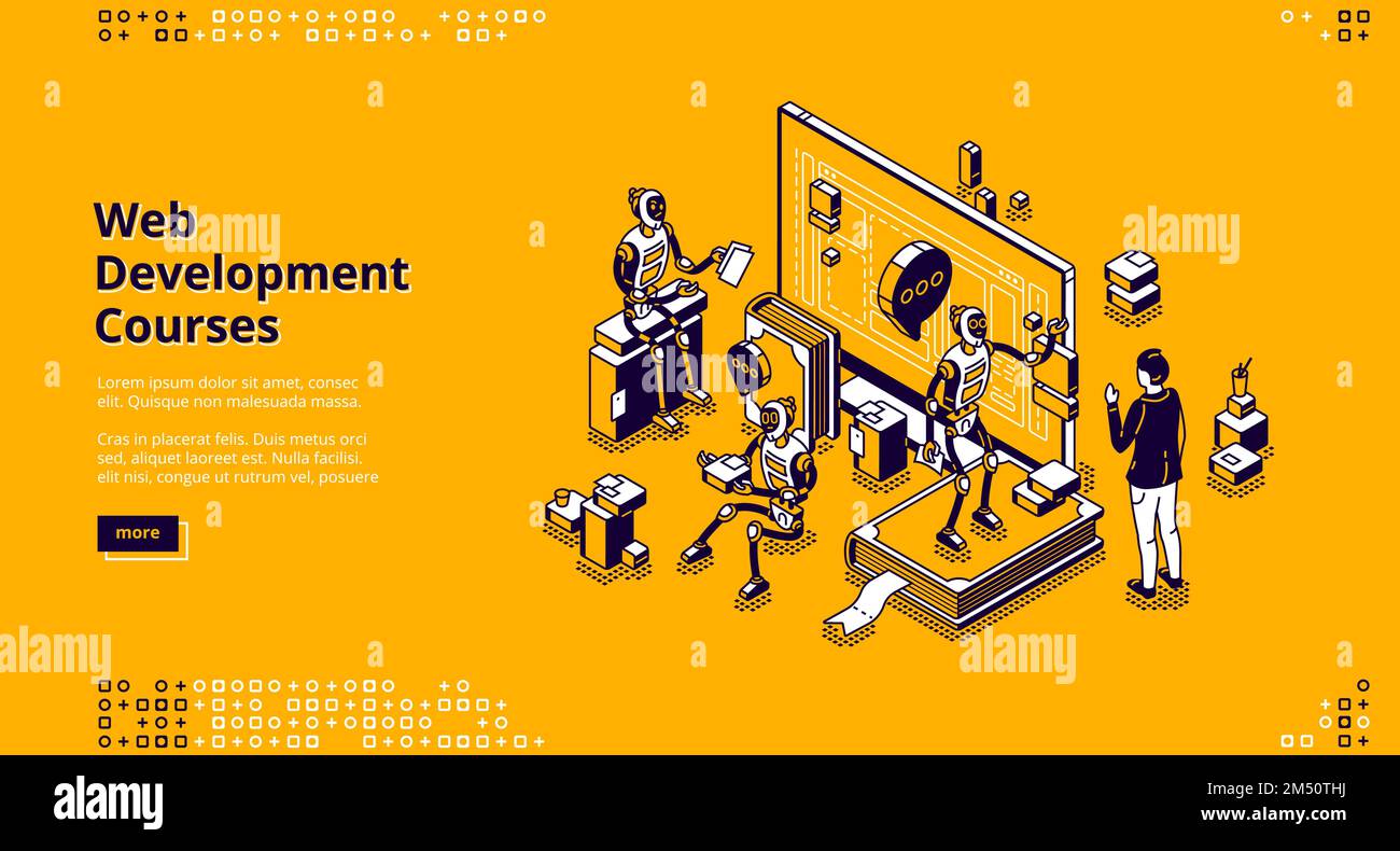 Web development courses isometric landing page. Ai robots and human ...