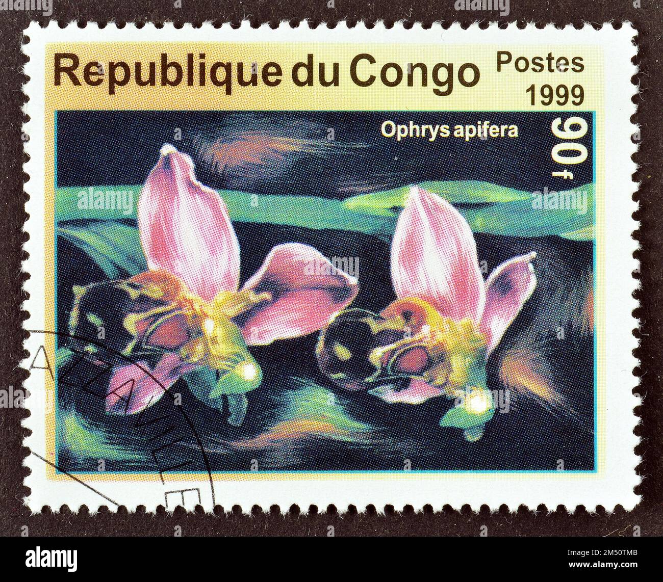 Cancelled postage stamp printed by Congo, that shows Ophrys apifera ...