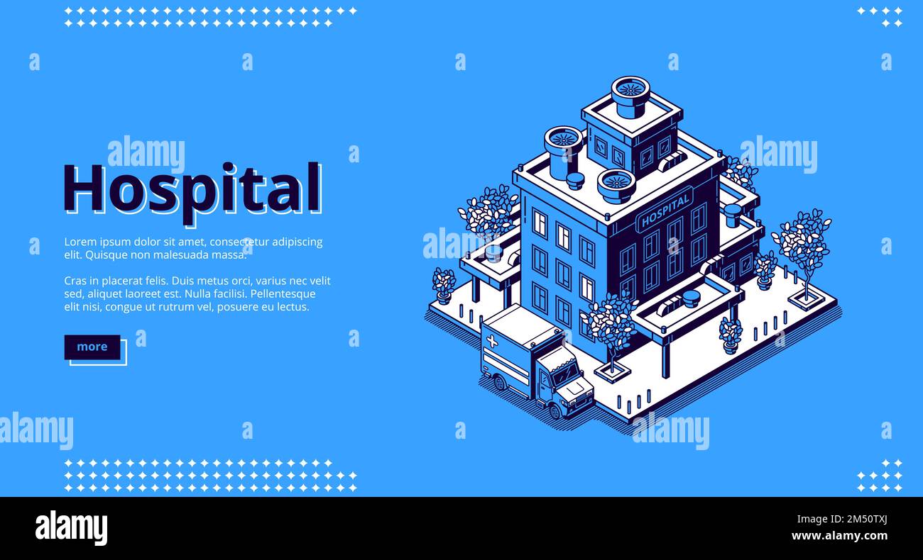 Hospital isometric landing page. Clinic building with ambulance car ...