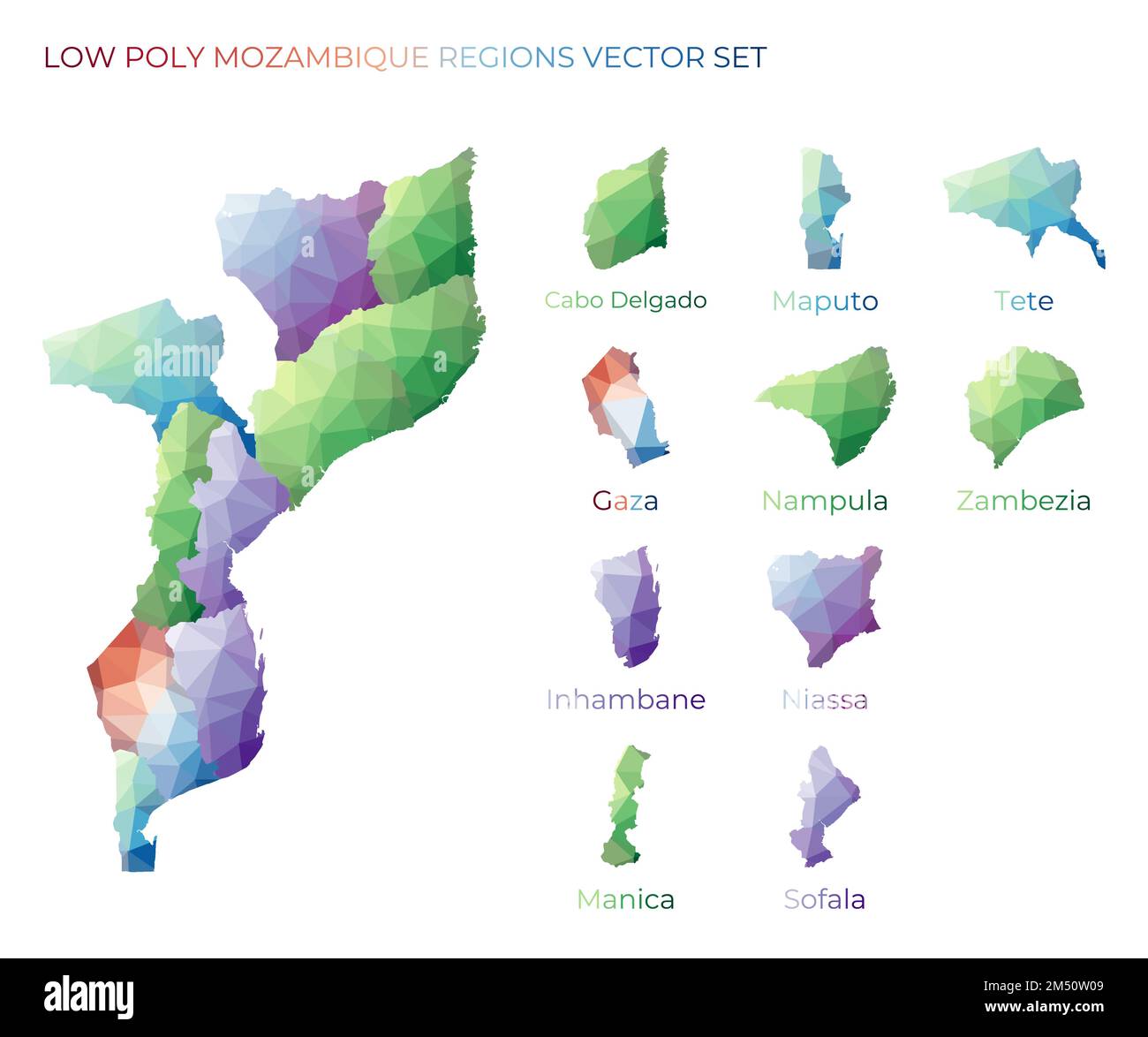 Mozambican low poly regions. Polygonal map of Mozambique with regions ...