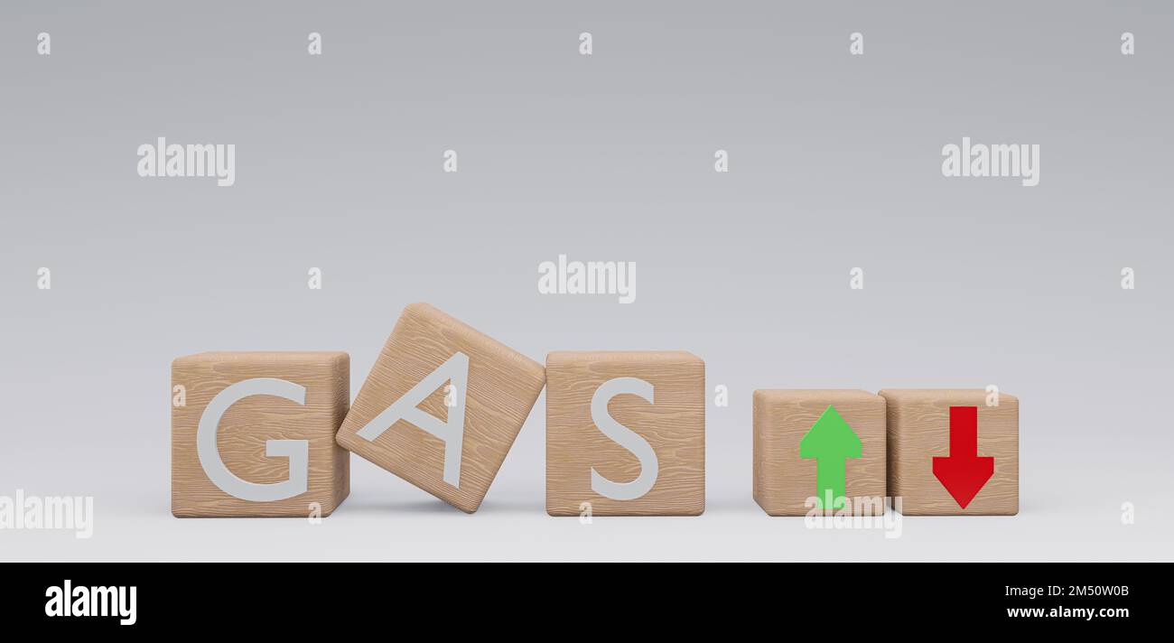 Wooden Cubes Gas Increase Decrease, Cubes with text Increase Decrease Gas. 3D work and 3D image ...