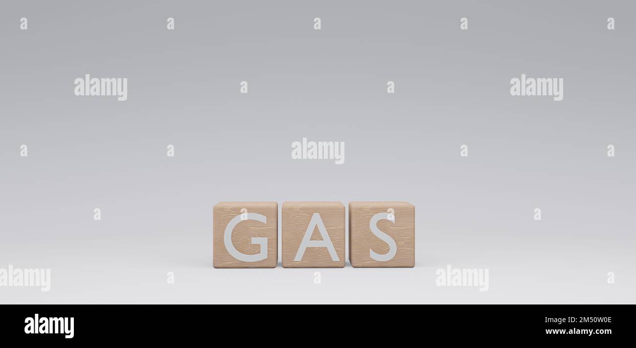 Wooden Cubes Gas, Cubes with text Gas. 3D work and 3D image Stock Photo ...