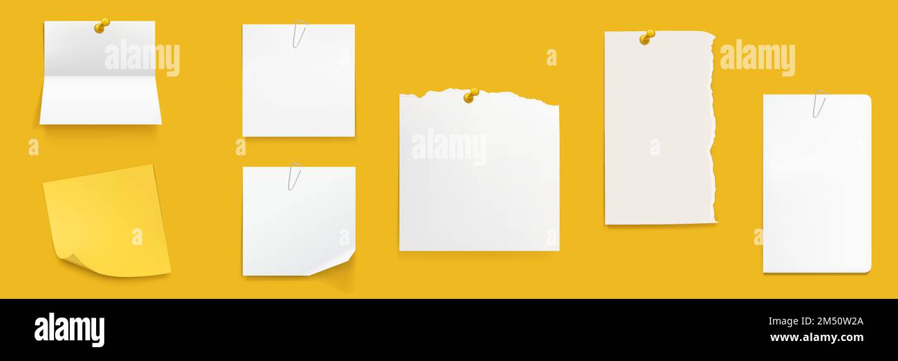 Paper notes set, white notebook sheets pinned on wall, blank folded and ...