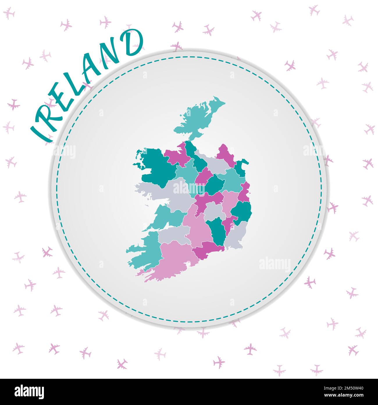 Ireland map design. Map of the country with regions in emerald-amethyst ...