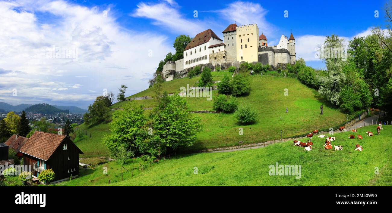 Scenic Swiss landscape with medieval castles and green pastures ...
