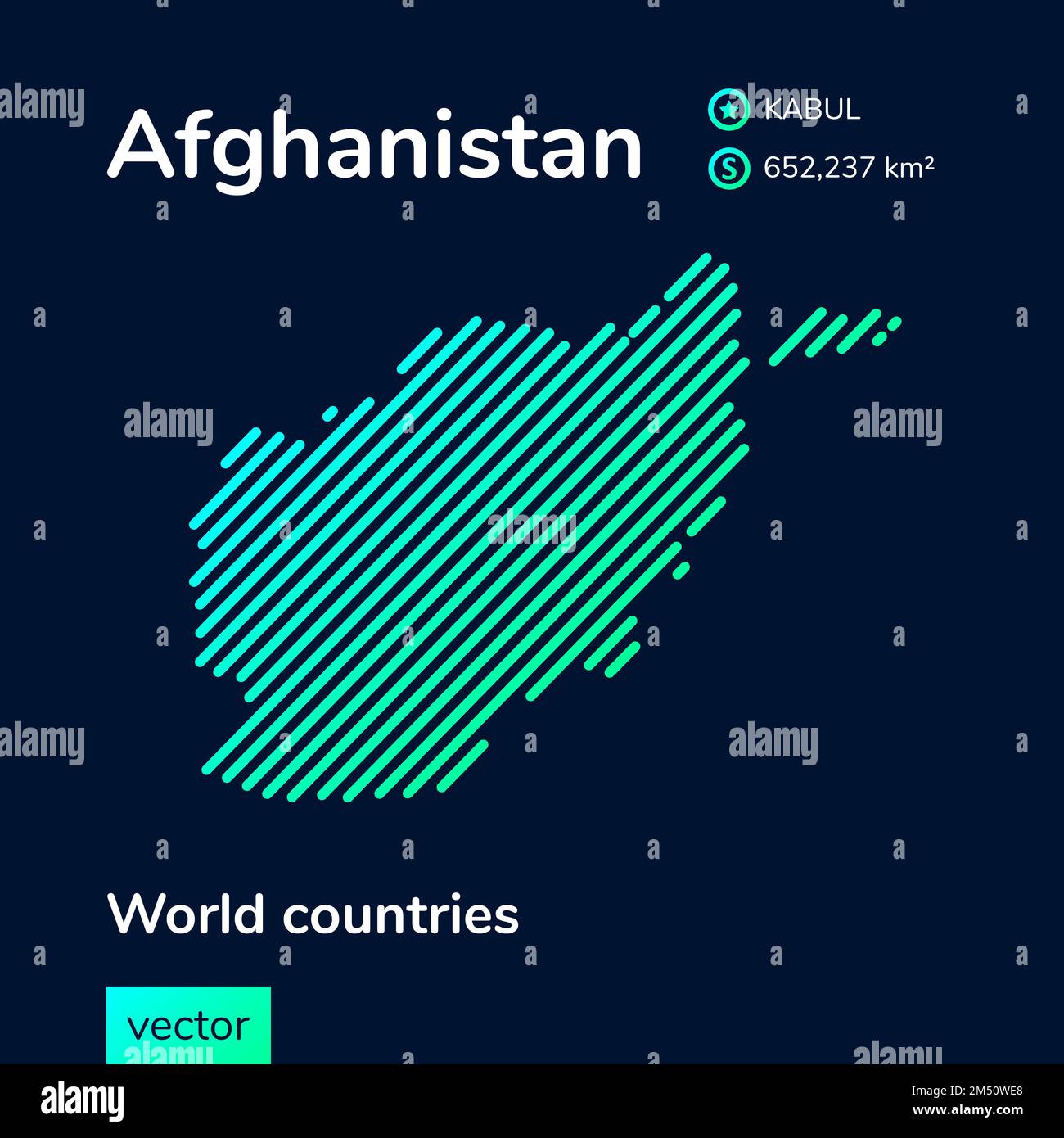 Vector neon flat map of Afghanistan with green, mint, turquoise striped ...