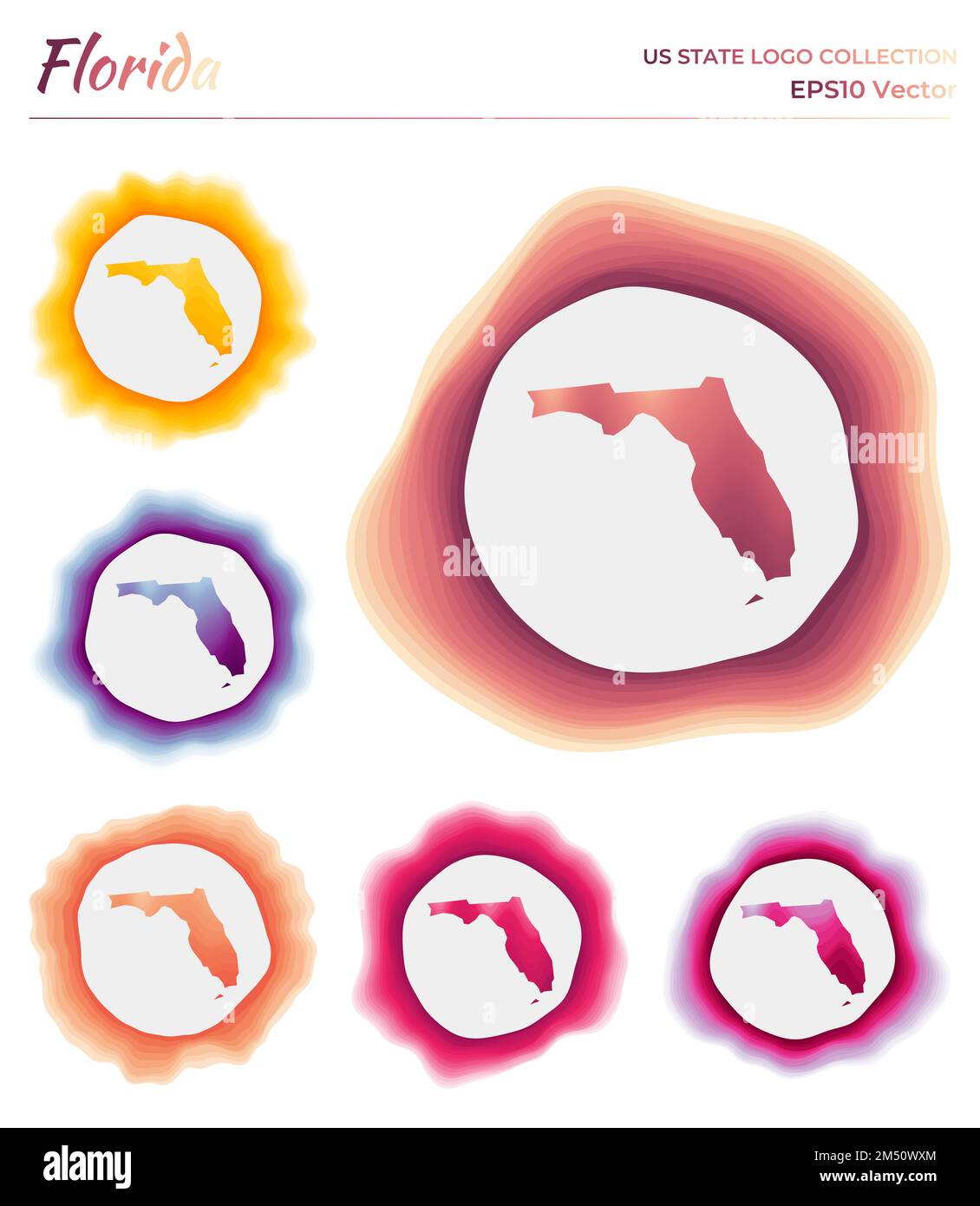 Florida logo collection. Colorful badge of the US state. Layers around Florida border shape ...