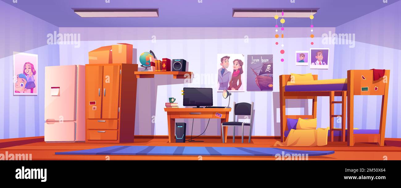 Hostel room, student bedroom in dormitory with bunk bed, computer on ...