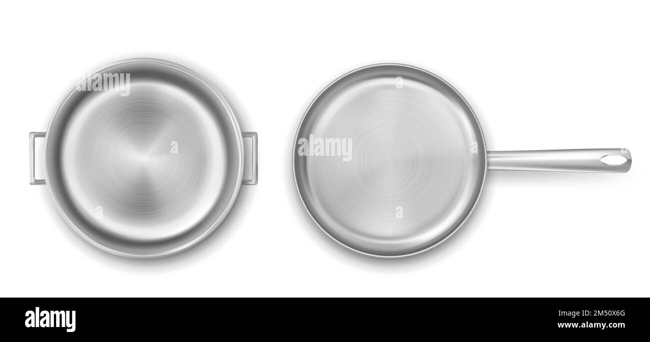 Metal cooking pot and frying pan top view. Vector realistic mockup of ...