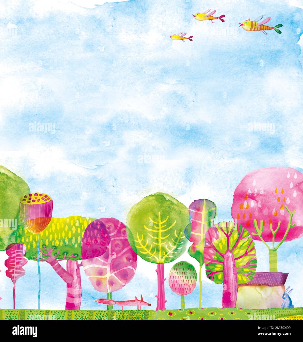 Watercolor colorful splash stylish tree with fairy birds Stock Photo ...